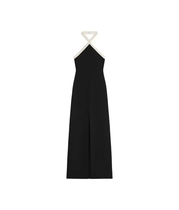 Celine Column Dress In Satin-lined Crepe With Sequined Ribbons And Open Back