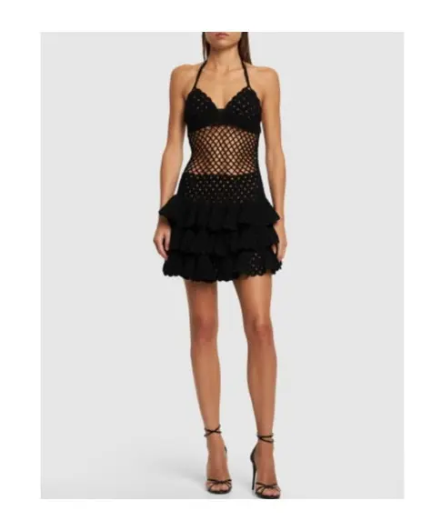 Oscar De La Renta Halterneck Crochet Dress With Layered Ruffles