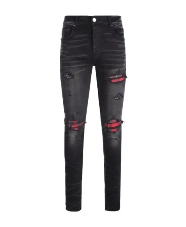 Amiri Distressed Plaid Patch Jeans - Black