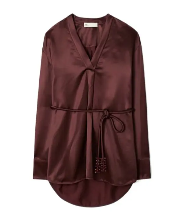 Tory Burch V-neck Satin Top With Beaded Tie Belt - Merlot