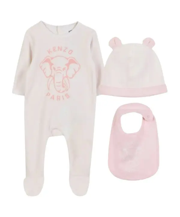 Kenzo Elephant Print Bodysuit Set With Hood And Bib - Light Pink