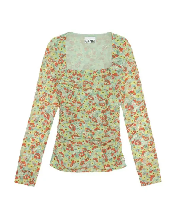 GANNI Printed Mesh Square Neck Blouse