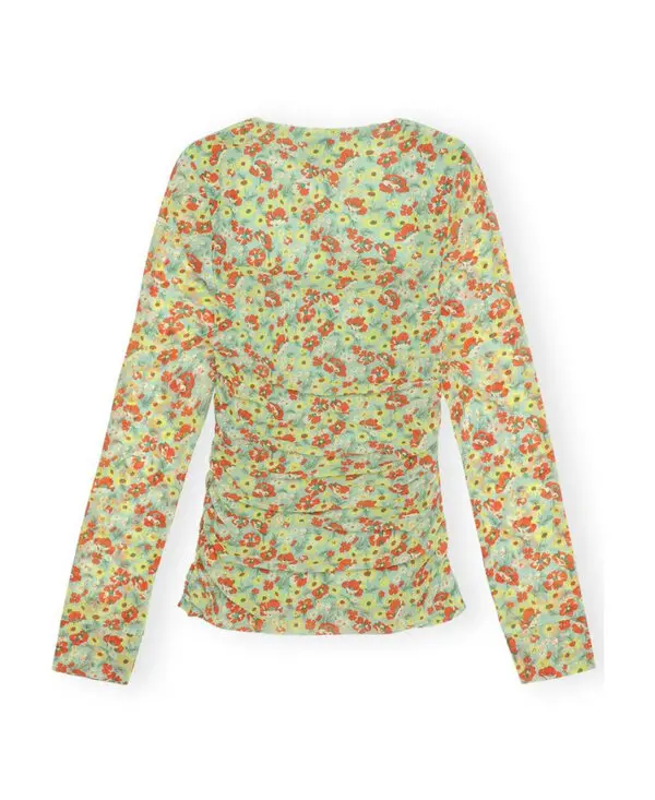 GANNI Printed Mesh Square Neck Blouse