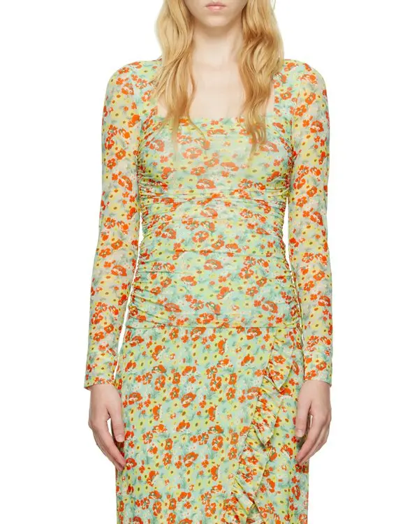 GANNI Printed Mesh Square Neck Blouse