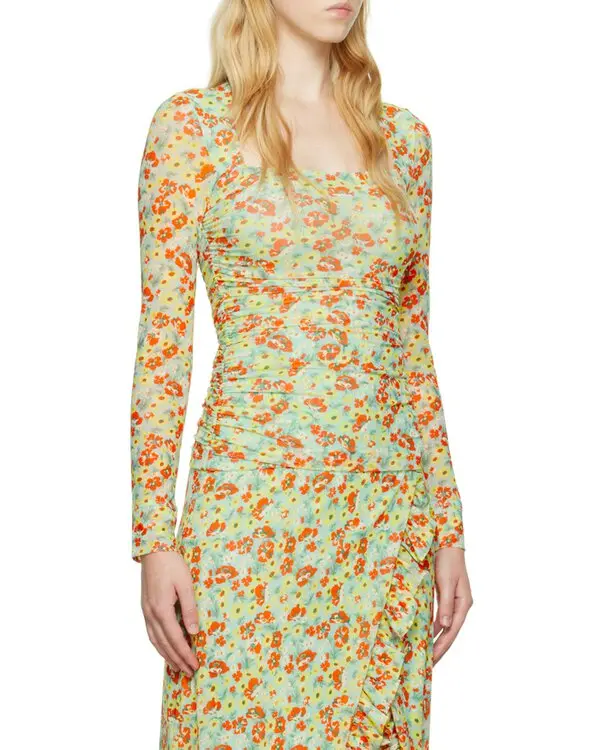GANNI Printed Mesh Square Neck Blouse