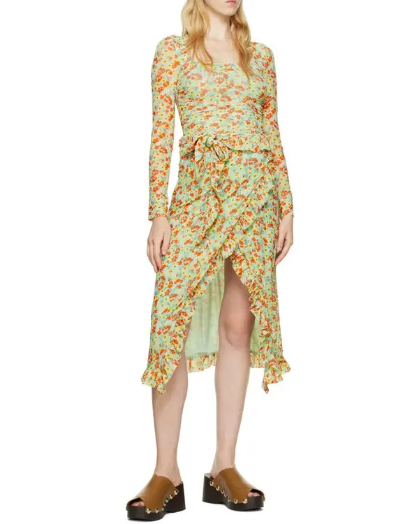 GANNI Printed Mesh Square Neck Blouse