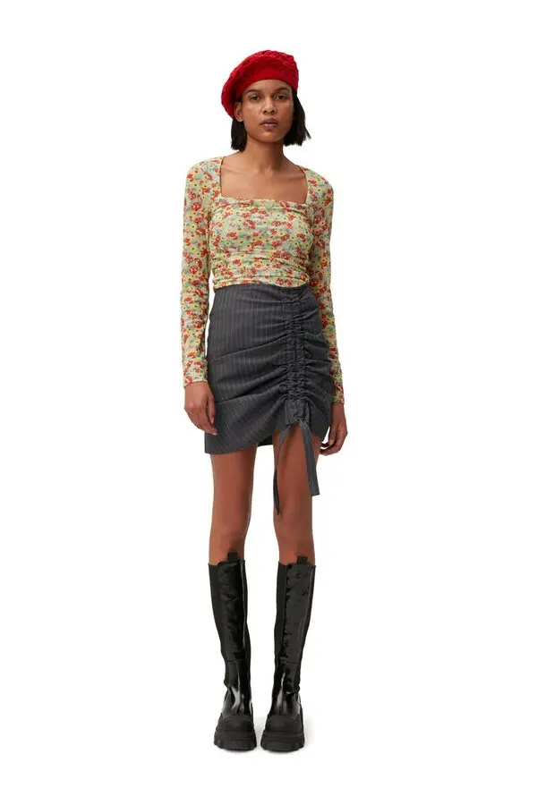 GANNI Printed Mesh Square Neck Blouse