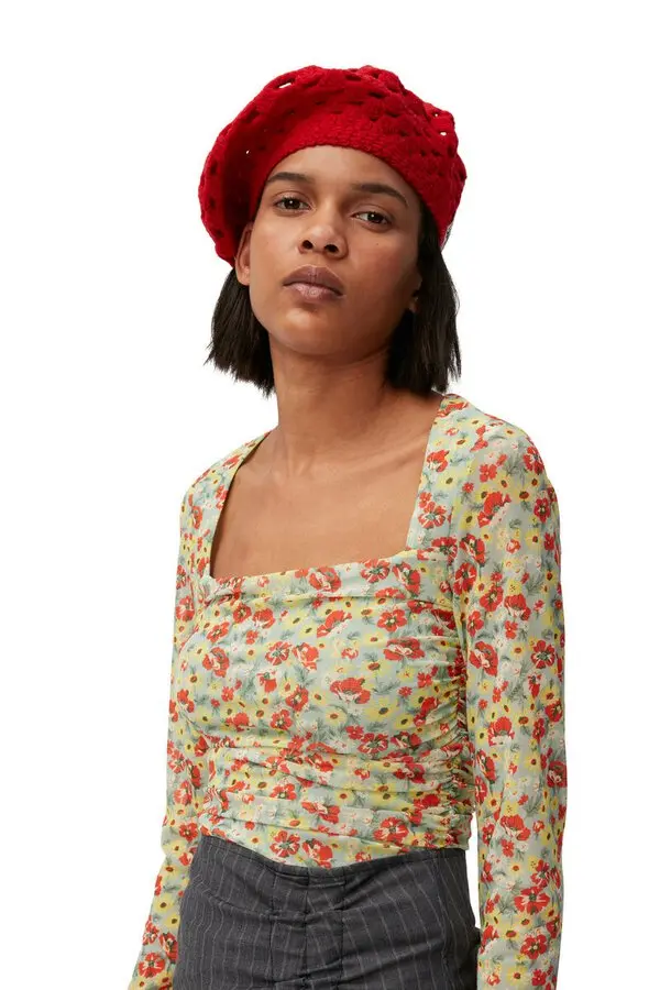 GANNI Printed Mesh Square Neck Blouse