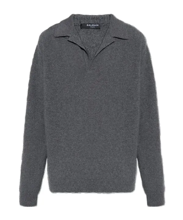 Balmain Collared Knit Long-sleeve Sweater - Grey