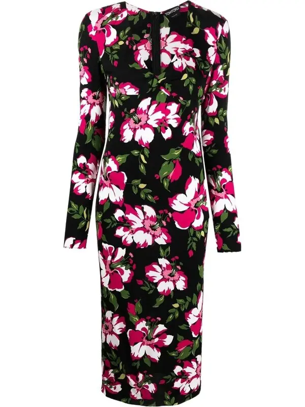 TOM FORD Floral-printed V-neck Midi Dress - Black