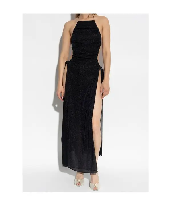 Oseree Ruched Halterneck Maxi Dress With Open Back And Side Slits