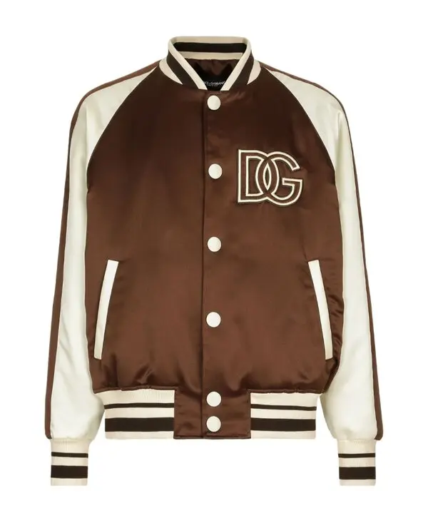 Dolce & Gabbana Striped Trim Logo Patch Bomber Jacket - Brown