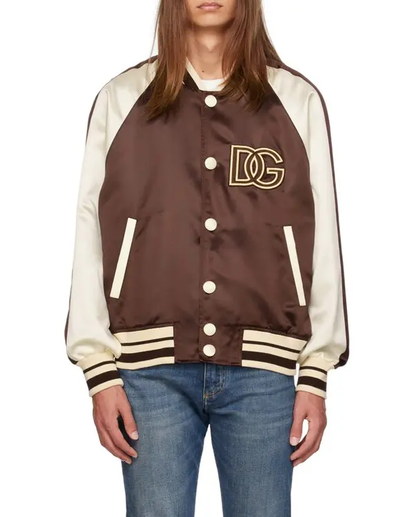 Dolce & Gabbana Striped Trim Logo Patch Bomber Jacket - Brown