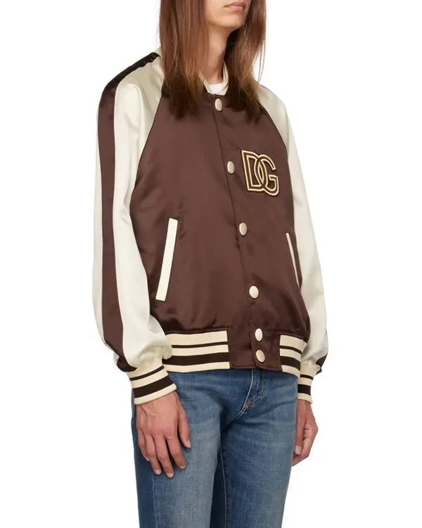 Dolce & Gabbana Striped Trim Logo Patch Bomber Jacket - Brown