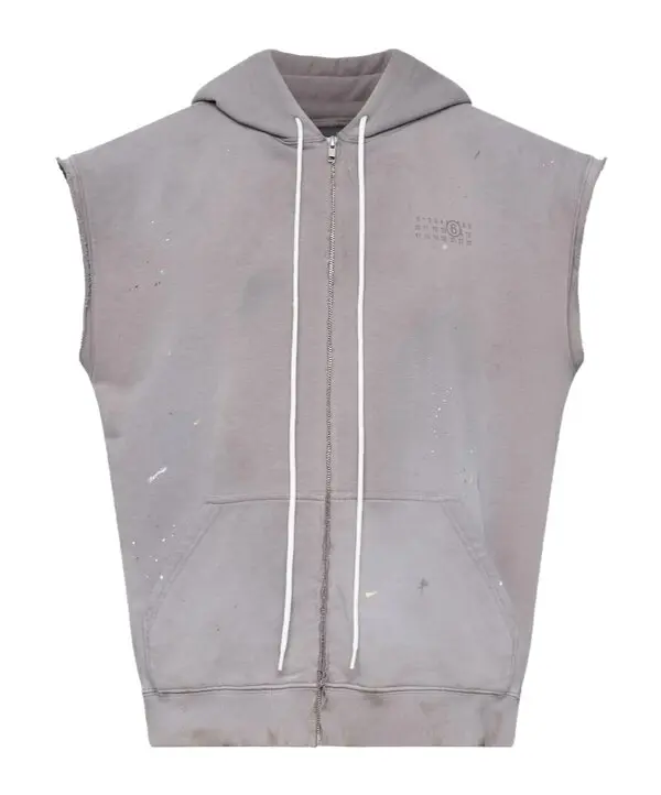 MAISON MARGIELA Sleeveless Zip-up Hoodie With Numbers Motif And Paint Splatter Detail - Medium Grey