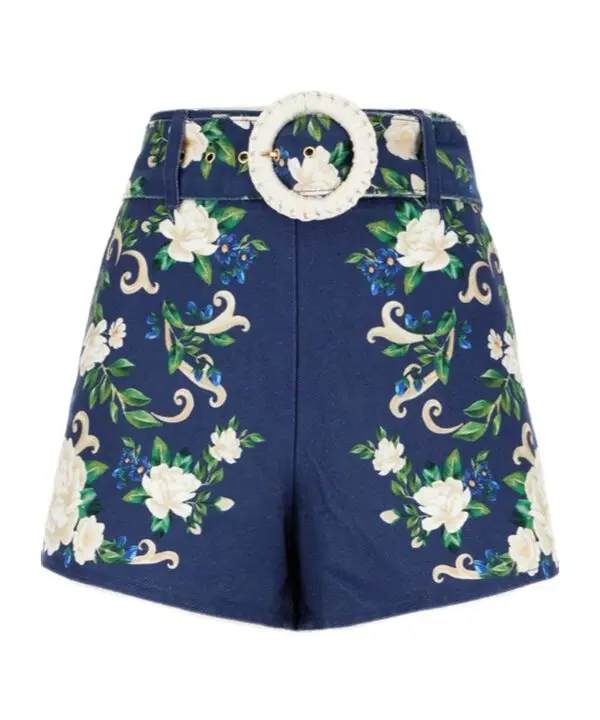 Farm Rio Flower Tapestry Belted Shorts - Patterned Blue