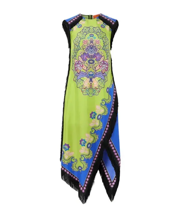 La DoubleJ Asymmetrical Fringed Printed Silk Midi Dress - Green