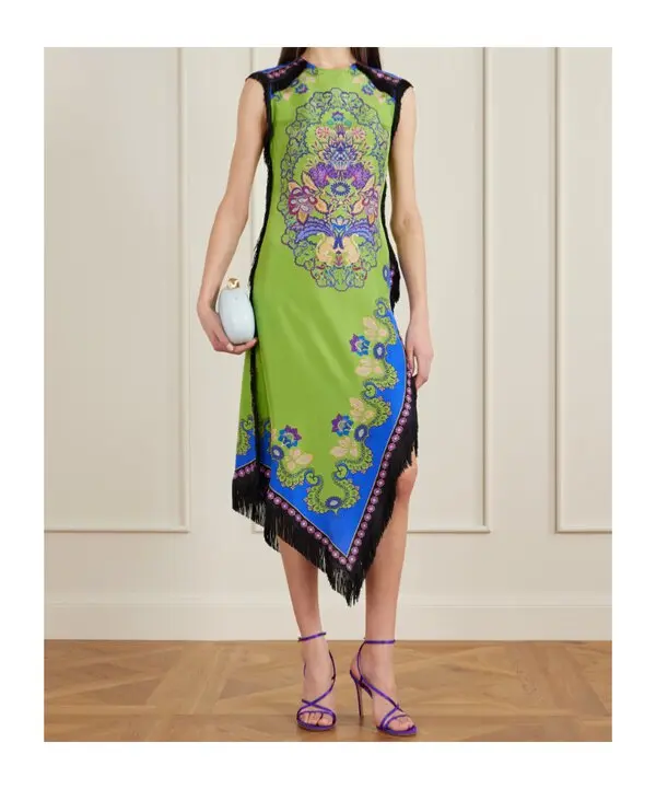 La DoubleJ Asymmetrical Fringed Printed Silk Midi Dress - Green