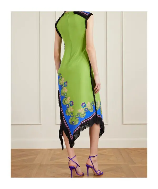 La DoubleJ Asymmetrical Fringed Printed Silk Midi Dress - Green