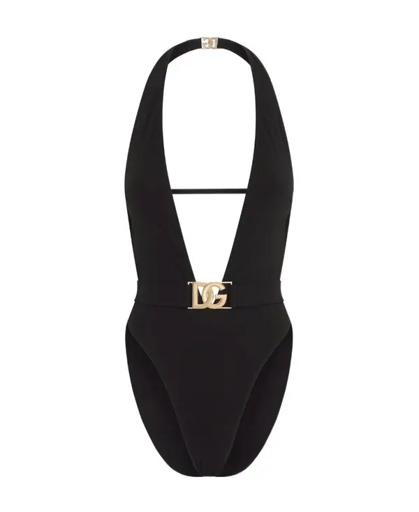 Dolce & Gabbana Logo Plaque Plunge Neck Swimsuit - Black