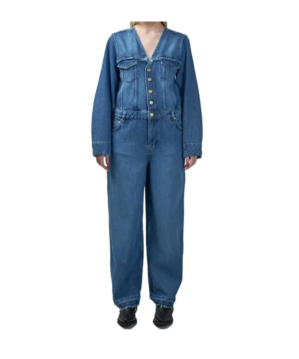 GANNI Long-sleeved Denim Jumpsuit - Mid Blue Stone