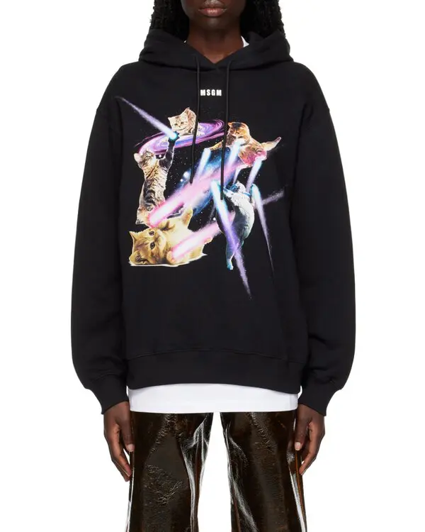 MSGM Graphic Print Drawstring Hoodie - Black