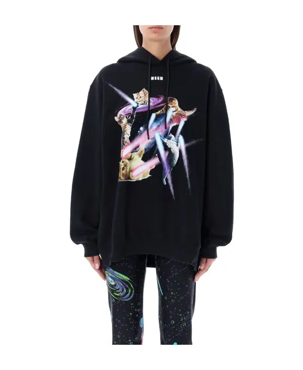 MSGM Graphic Print Drawstring Hoodie - Black
