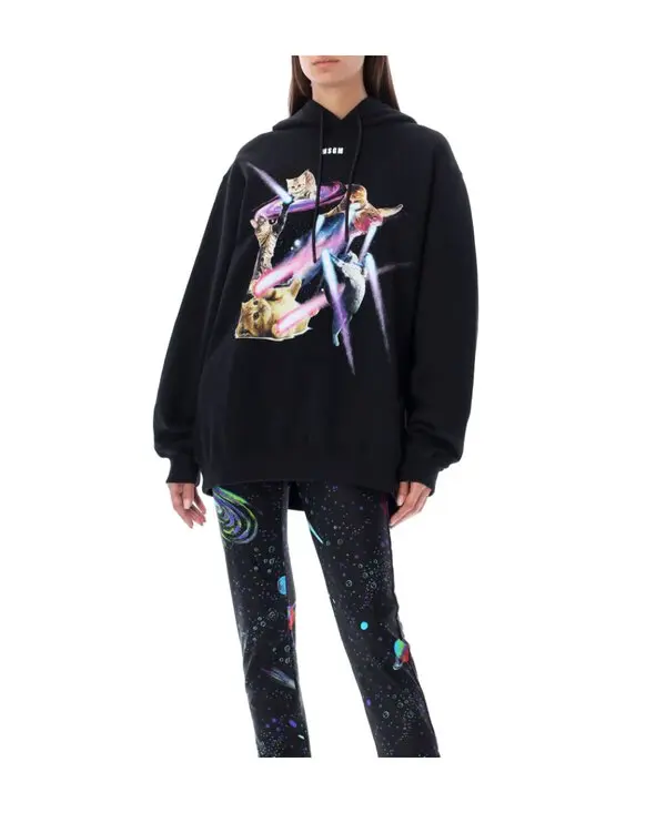 MSGM Graphic Print Drawstring Hoodie - Black