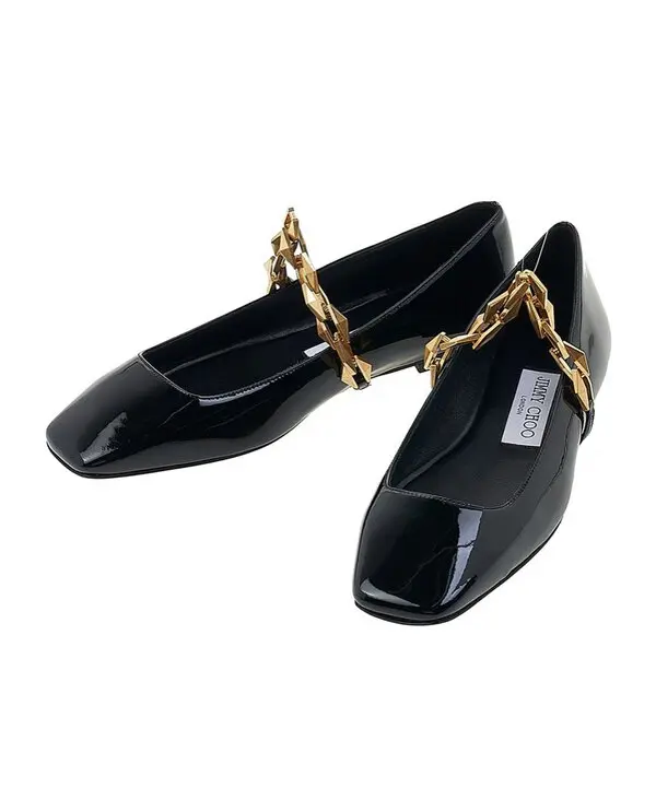 JIMMY CHOO Patent Square Toe Logo Chain Flats