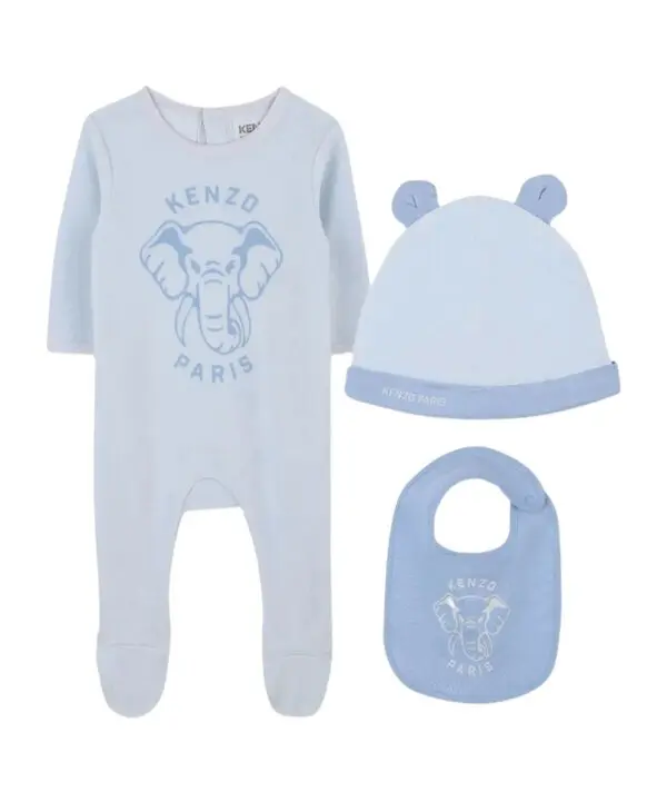Kenzo Elephant Print Bodysuit, Hood, And Bib Set - Light Blue