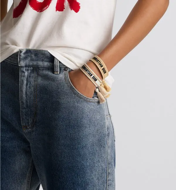 Dior Embroidered Bracelet Set With Tassels - White/sand