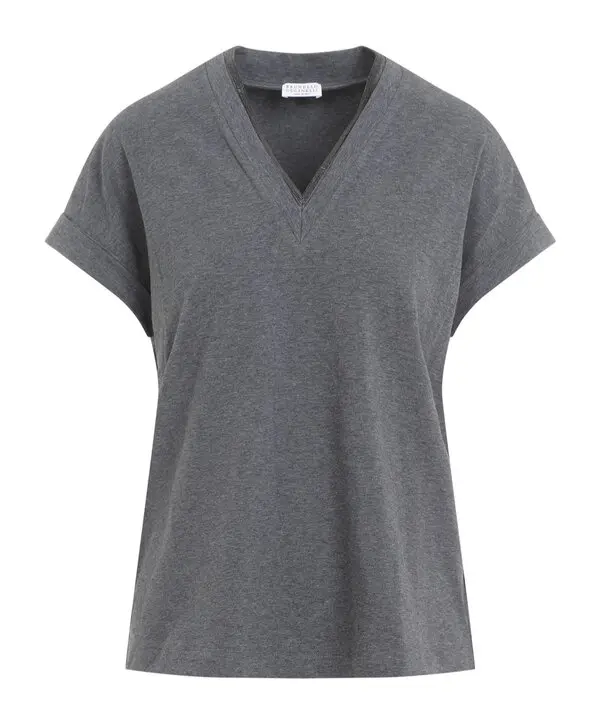 Brunello Cucinelli Embellished V-neck T-shirt - Gray
