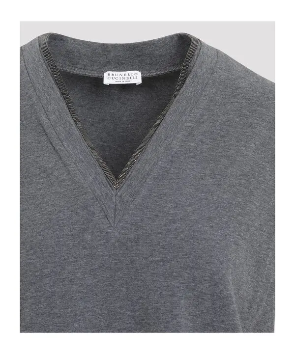 Brunello Cucinelli Embellished V-neck T-shirt - Gray