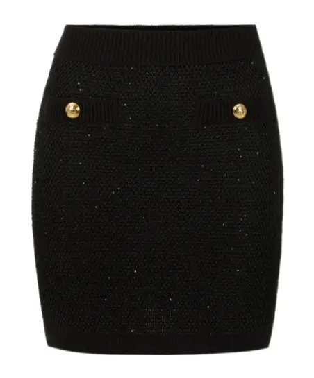 Elisabetta Franchi Sequin Knit Mini Skirt With Gold Button Details - Black