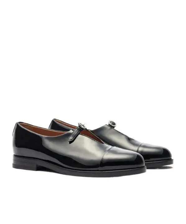 SCAROSSO Vittoria Patent Leather Monk Strap Shoes With Strass Buckle - Black