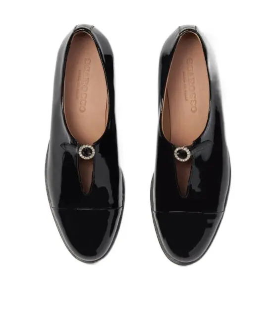 SCAROSSO Vittoria Patent Leather Monk Strap Shoes With Strass Buckle - Black