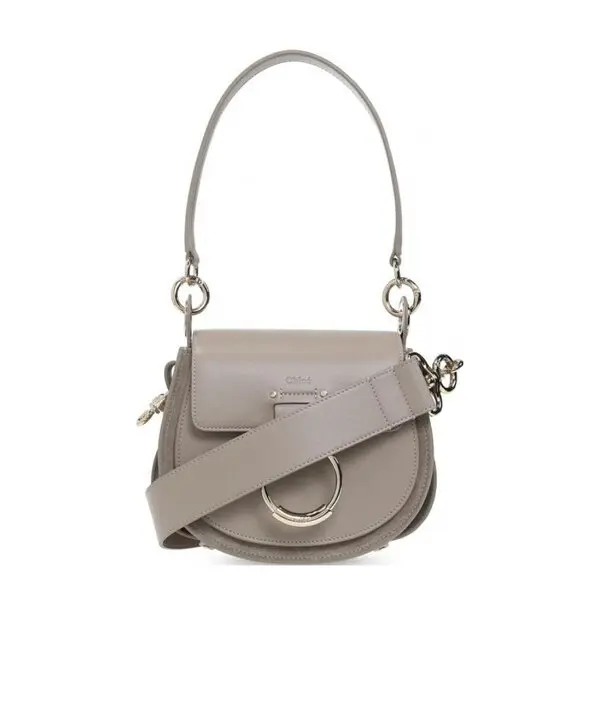 Chloé Tess Logo Embossed Ring Embellished Shoulder Bag - Gray