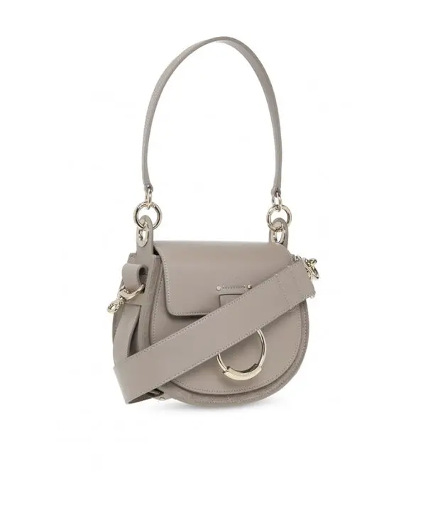 Chloé Tess Logo Embossed Ring Embellished Shoulder Bag - Gray