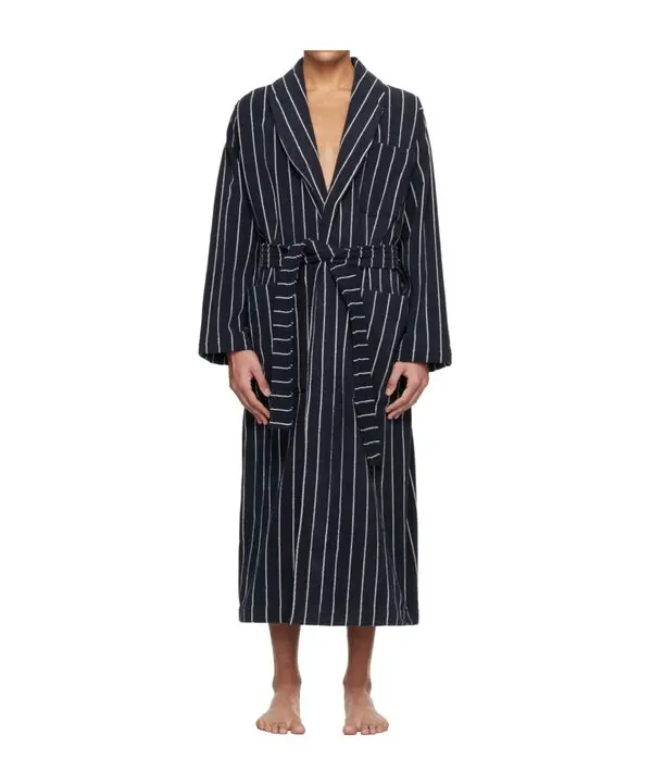 TEKLA Striped Bathrobe With Ties - Black