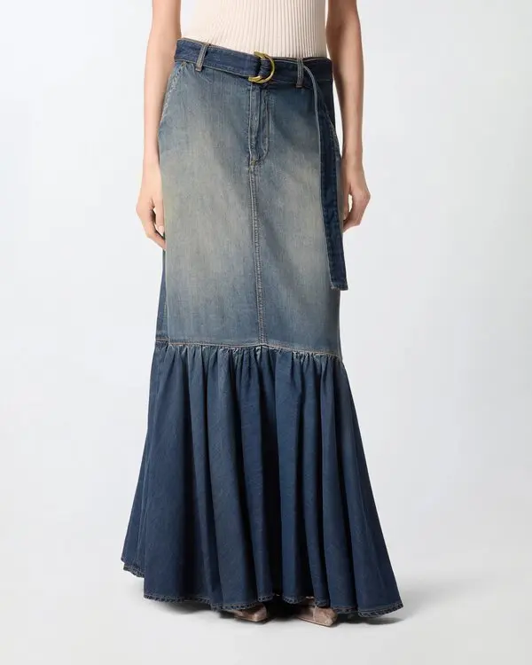 Pinko Belted Ruffle Hem Denim Maxi Skirt - Dark Blue