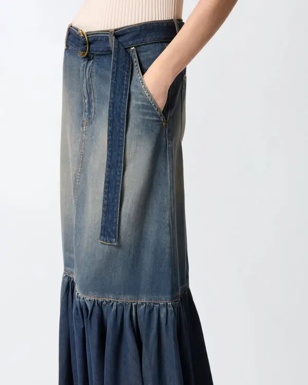 Pinko Belted Ruffle Hem Denim Maxi Skirt - Dark Blue
