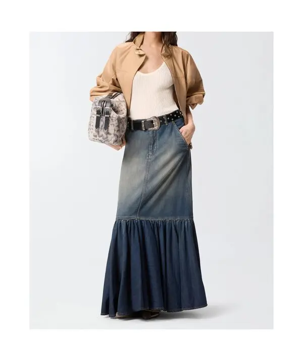 Pinko Belted Ruffle Hem Denim Maxi Skirt - Dark Blue