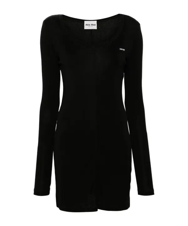 Miu Miu Long-sleeved Mini Dress With Logo Patch
