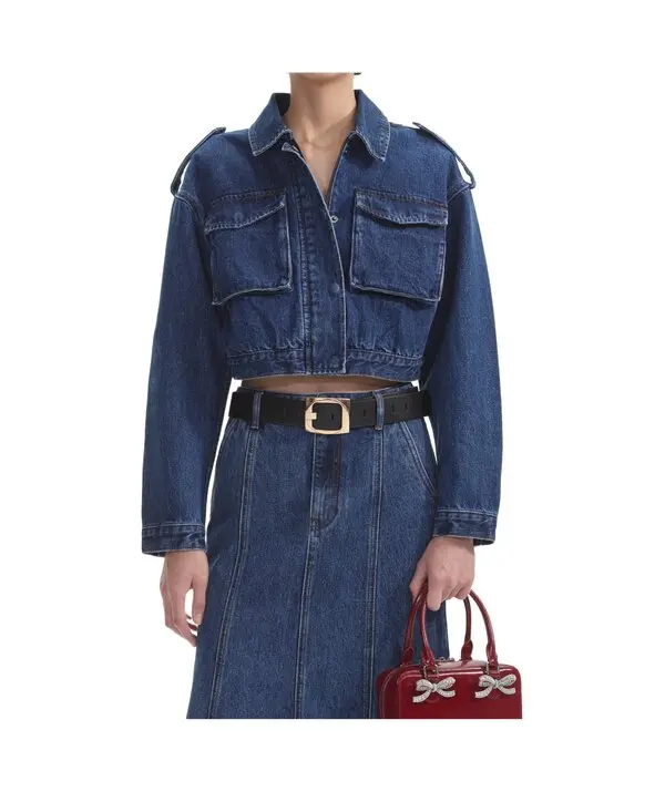 SELF-PORTRAIT Cropped Denim Jacket With Epaulettes