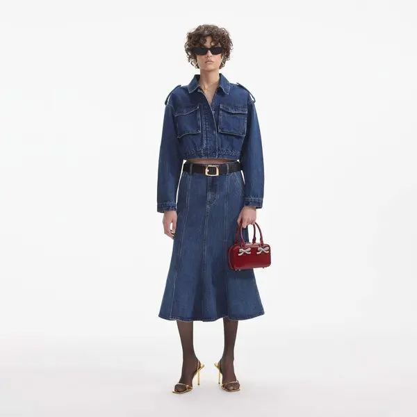 SELF-PORTRAIT Cropped Denim Jacket With Epaulettes
