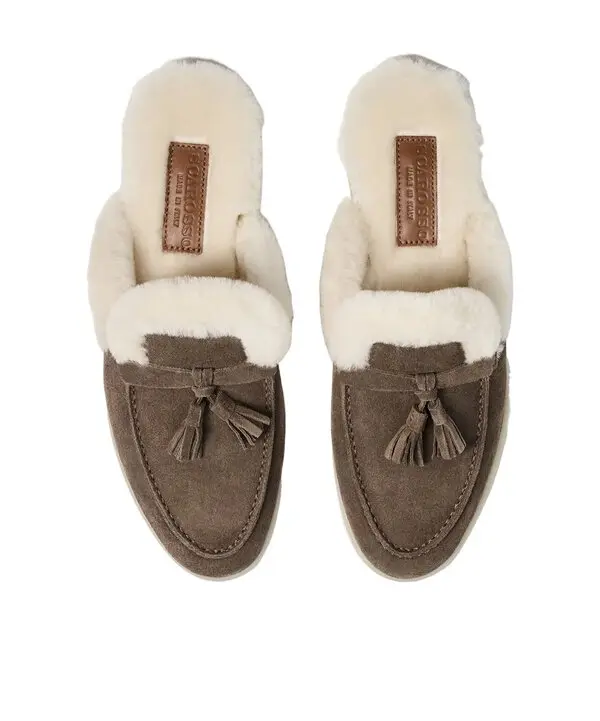 SCAROSSO Lucrezia Shearling Slip-on Mules - Nude