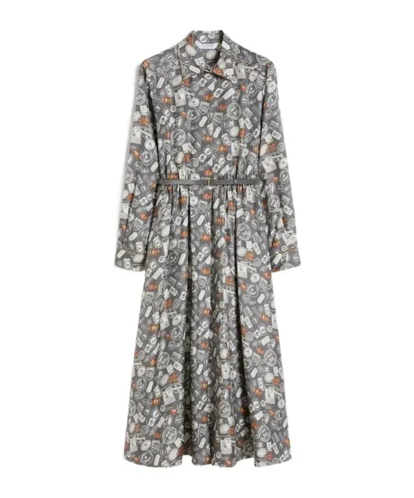 Max Mara Printed Collared Belted Dress - Medium Gray