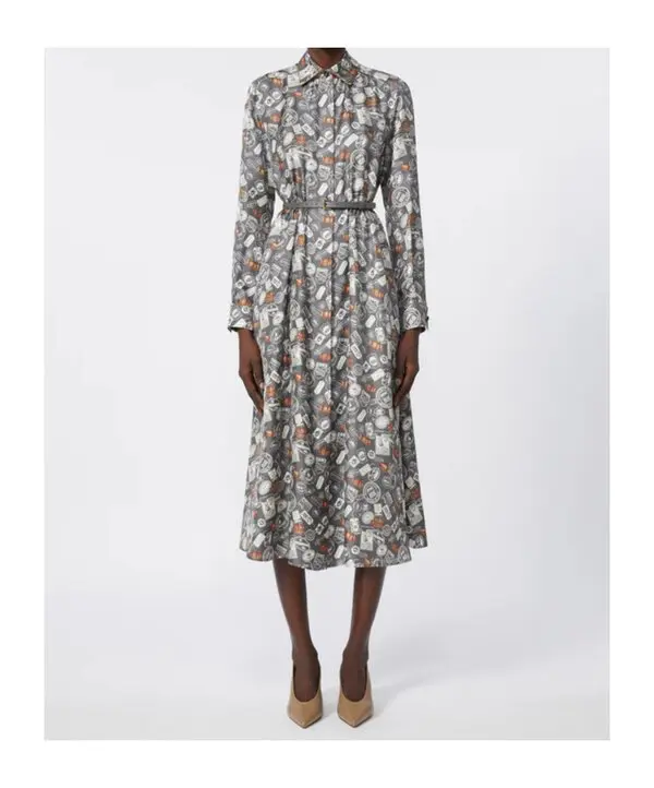Max Mara Printed Collared Belted Dress - Medium Gray