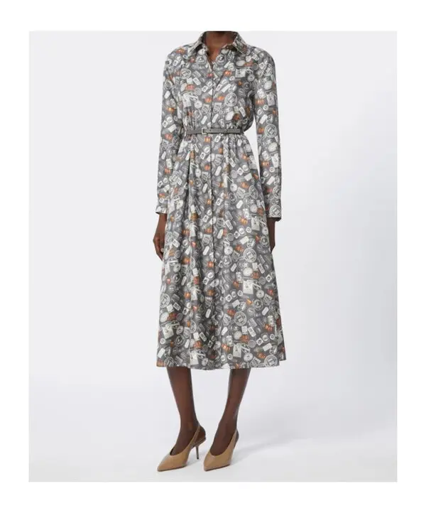 Max Mara Printed Collared Belted Dress - Medium Gray