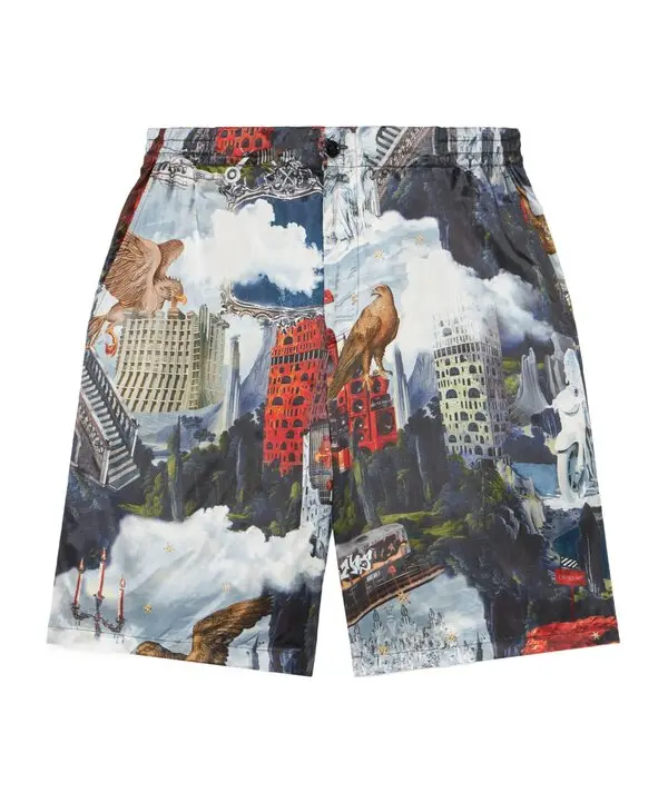 Off-White Patchwork Bermuda Shorts With Architectural Print - Gray-blue